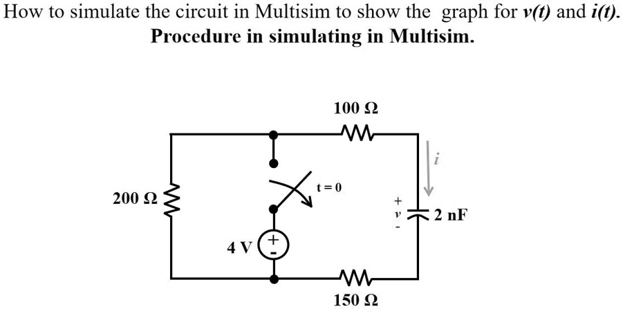 How to simulate the circuit in Multisim to show the graph for v(t) and i(t). Procedure in ...