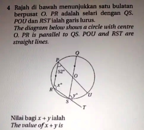 SOLVED: The diagram below shows a circle with center O. PR is parallel to QS. POU and RST are ...