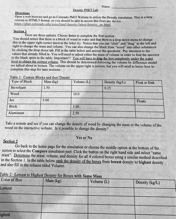 SOLVED: Texts: Name: Density PHETLab Directions: Open a web browser and ...