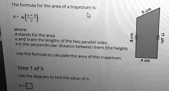 The formula for the area of a trapezium is: A = h ((a + b)/(2)) where ...