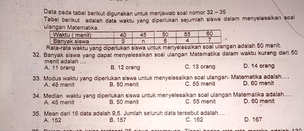 SOLVED: Mohon bantuan jawaban dari nomer 32 sampai 35 Data pada tabel ... SOLVED: Mohon bantuan jawaban dari nomer 32 sampai 35 Data pada tabel ...