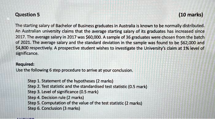 Solved Question 5 10 Marks The Starting Salary Of Bachelor Of Business Graduates In Australia 