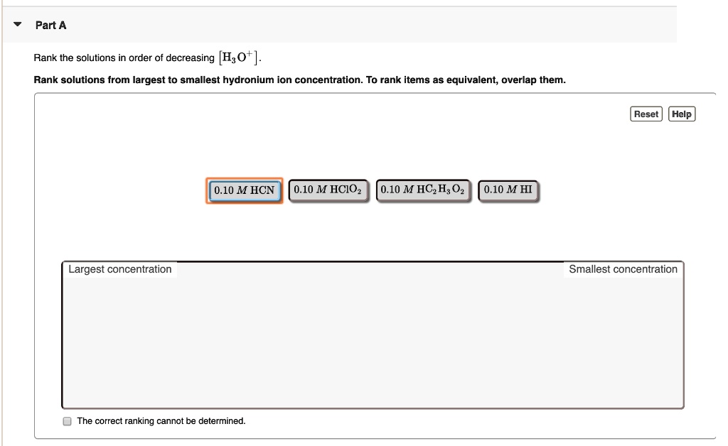 SOLVED: Rank the solutions in order of decreasing [H3O+]: Rank solutions from largest to ...