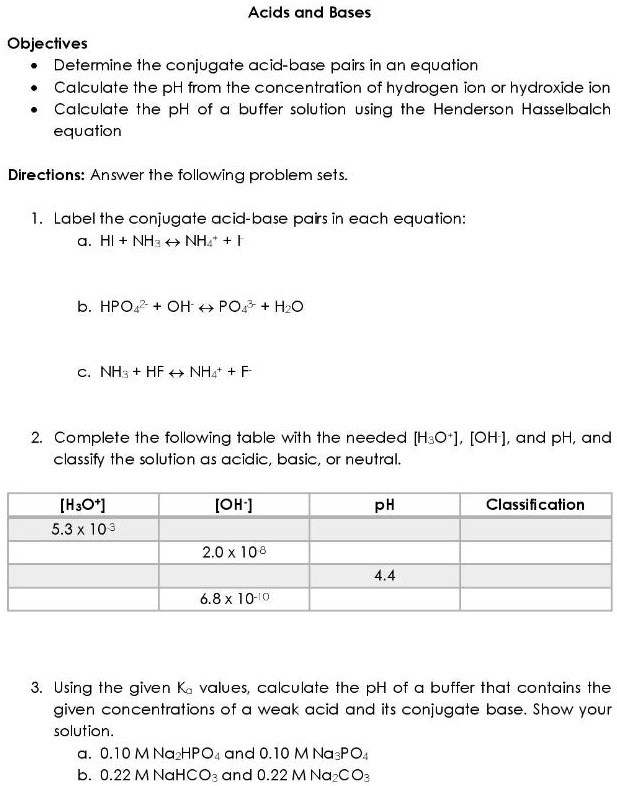 Solved Text Acids And Bases Objectives Determine The Conjugate Acid Base Pairs In An Equation