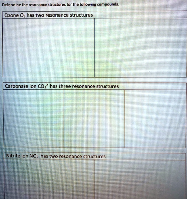 Determine the resonance structures for the following compounds Ozone O3 has two resonance ...