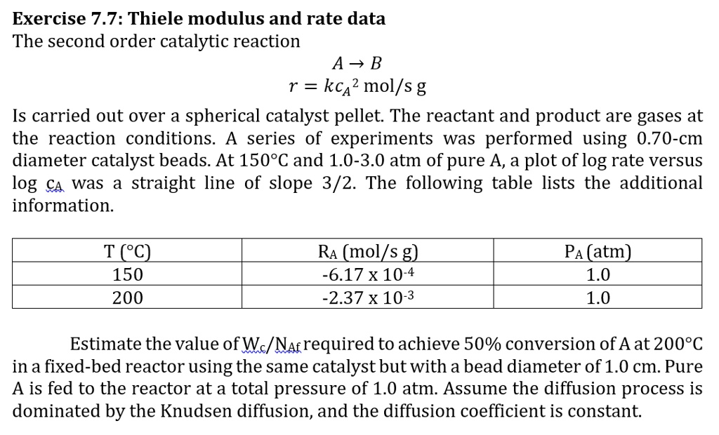 SOLVED: Slope = 3/2 means that the effective rate is r = kca^(3/2). Exercise 7.7: Thiele modulus ...