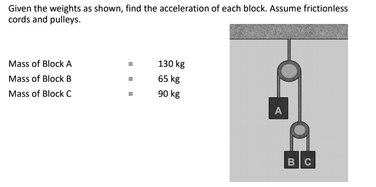 Given the weights as shown, find the acceleration of each block. Assume frictionless cords and ...