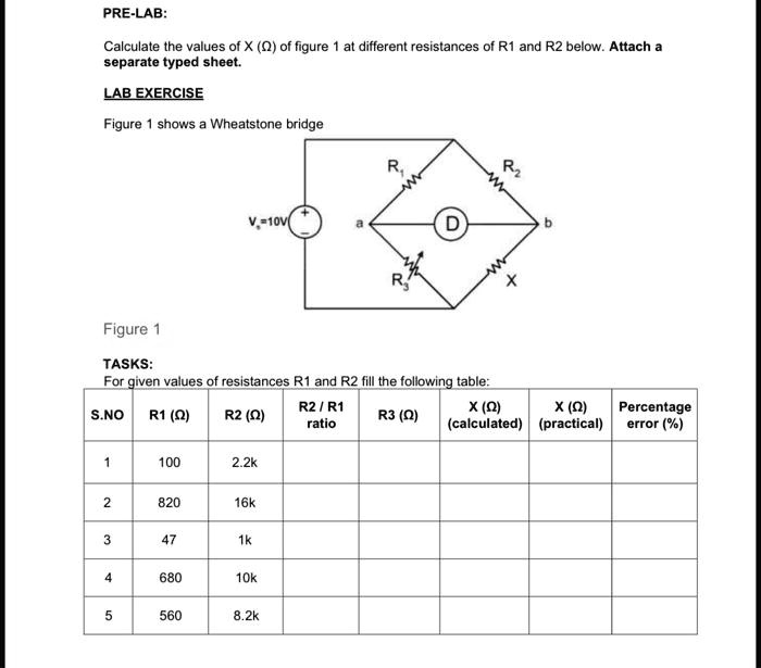 PRE-LAB: Calculate the values of X (?) of figure 1 at different resistances of R1 and R2 below ...