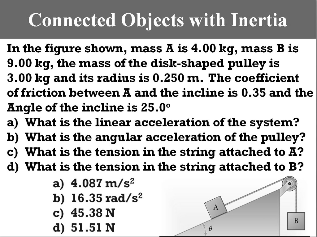 Connected Objects with Inertia In the figure shown, mass A is 4.00 kg ...