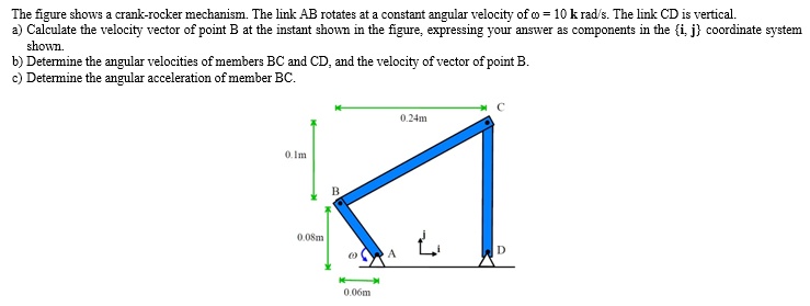 The figure shows a crank-rocker mechanism. The link AB rotates at a ...