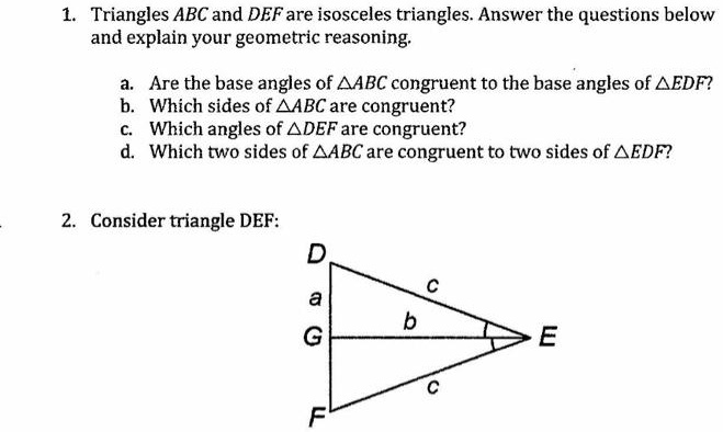 1. Triangles ABC and DEF are isosceles triangles. Answer the questions ...