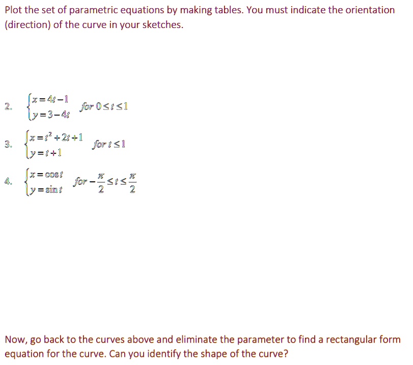 SOLVED:Plot the set of parametric equations by making tables You must ...