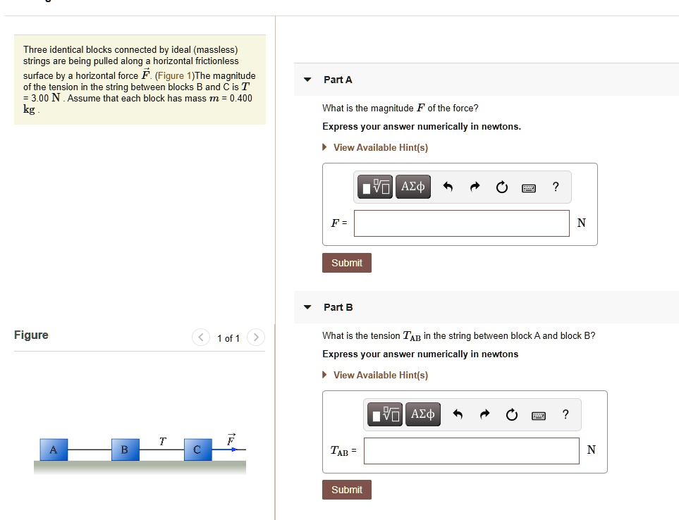 three identical blocks connected by ideal massless strings are being pulled along horizontal ...