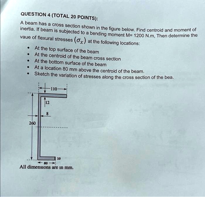 QUESTION 4 (TOTAL 20 POINTS): A beam has a cross section shown in the figure below. Find ...