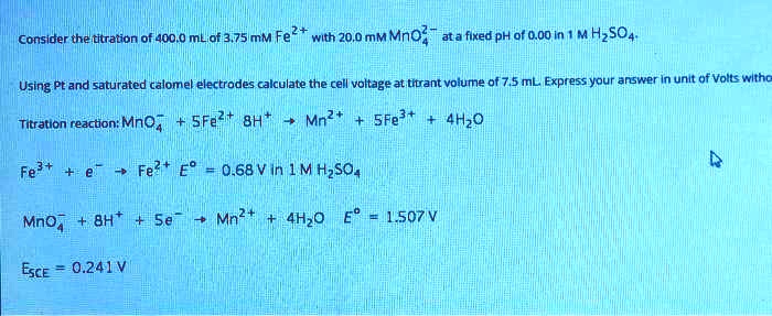 Consider the titration of 400.0 mL of 3.75 mM Fe2+ with 20.0 mM MnO4 ...