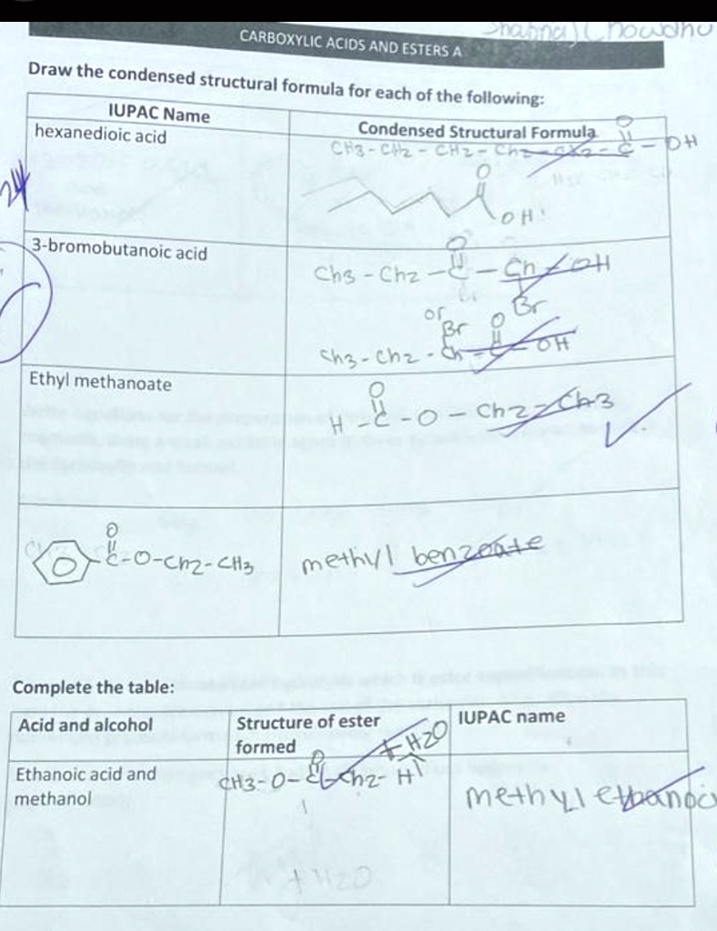 carboxylic acids and esters a draw the condensed structural formula for ...