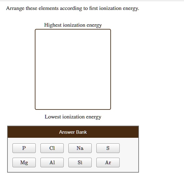 SOLVED: Arrange these elements according to first ionization energy ...