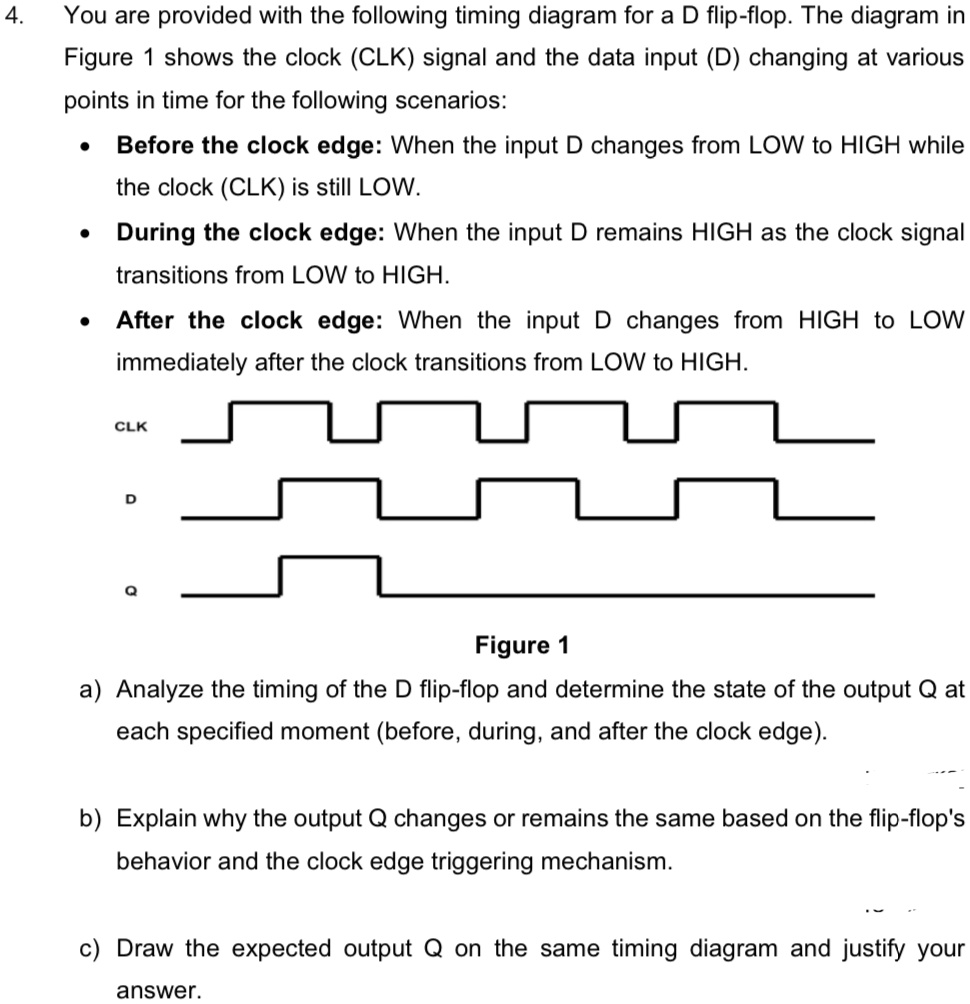 [GET ANSWER] 4. You are provided with the following timing diagram for a D flip-flop. The ...