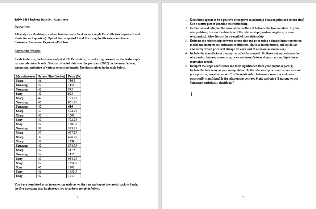 BADM 3933 Business Statistics - Assessment Instructions All analysis ...