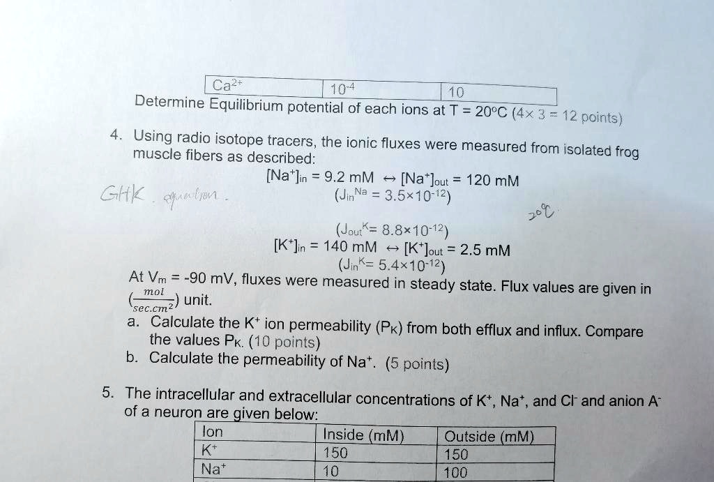 SOLVED: Determine the equilibrium potential of each ion at T = 20Â°C ...