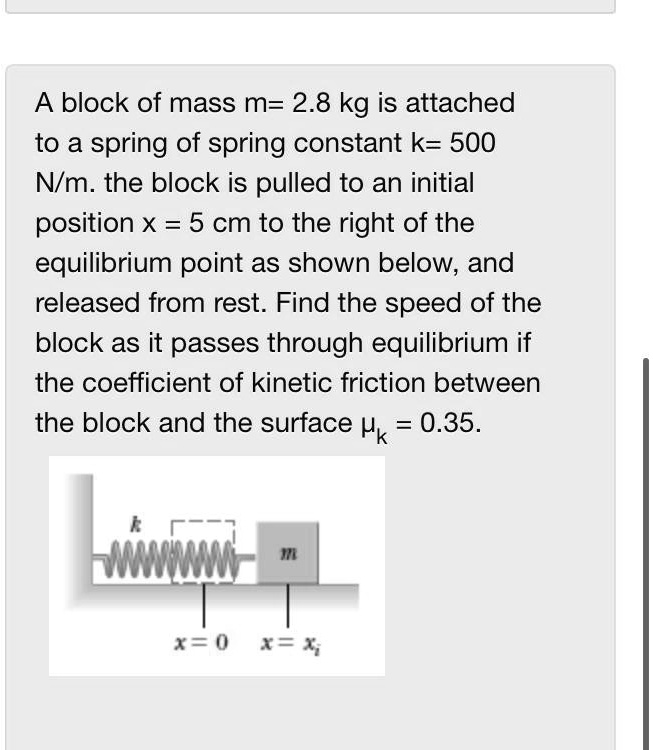 SOLVED: A block of mass m = 2.8 kg is attached to a spring of spring constant k = 500 N/m. The ...