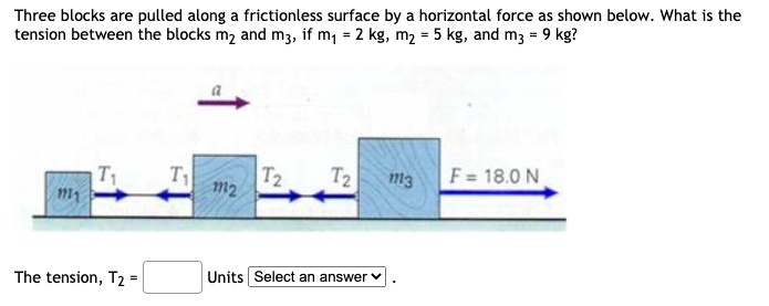 Three blocks are pulled along frictionless surface by horizontal force ...