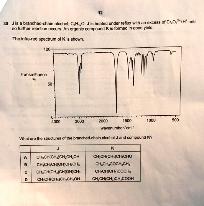 SOLVED: 30 Jis a branched-chain alcohol, CsH+zO. J is heated under ...