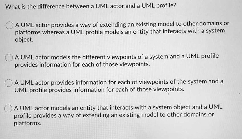 SOLVED: What is the difference between a UML actor and a UML profile? A ...