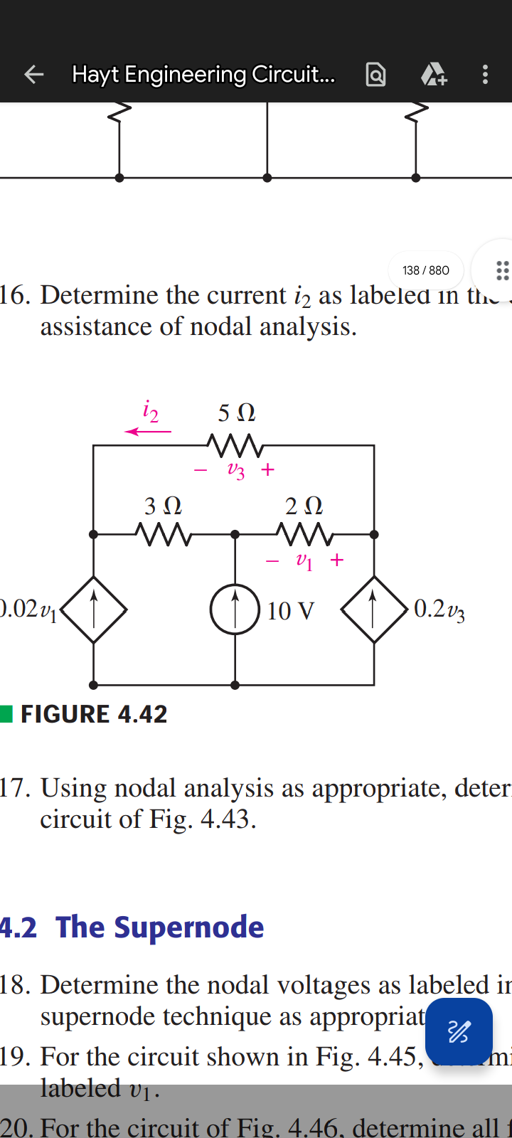 hayt engineering circuit 138 880 16 determine the current i2 as labeled in thu assistance of ...