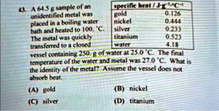 SOLVED: Texts: 3. A 645 sample of an unidentified metal was placed in a ...