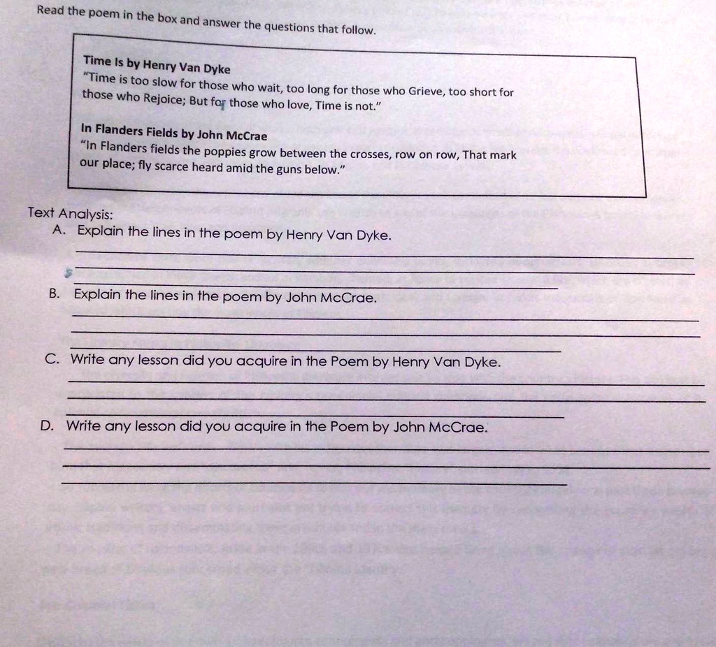 SOLVED: 'Text Analysis: A. Explain the lines in the poem by Henry Van ...