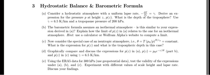 3 Hydrostatic Balance Barometric Formula (a) Consider a hydrostatic ...