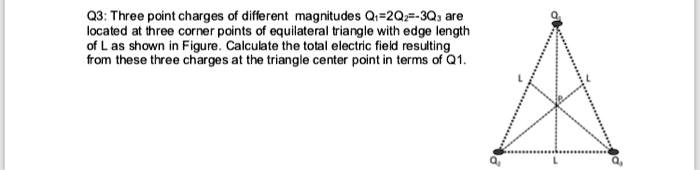 SOLVED: Q3: Three point charges of different magnitudes Q = 2Q = -3Q are located at three corner ...