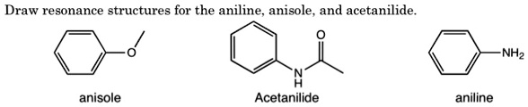 Draw resonance structures for the aniline, anisole, and acetanilide. Draw resonance structures for the aniline, anisole, and acetanilide.