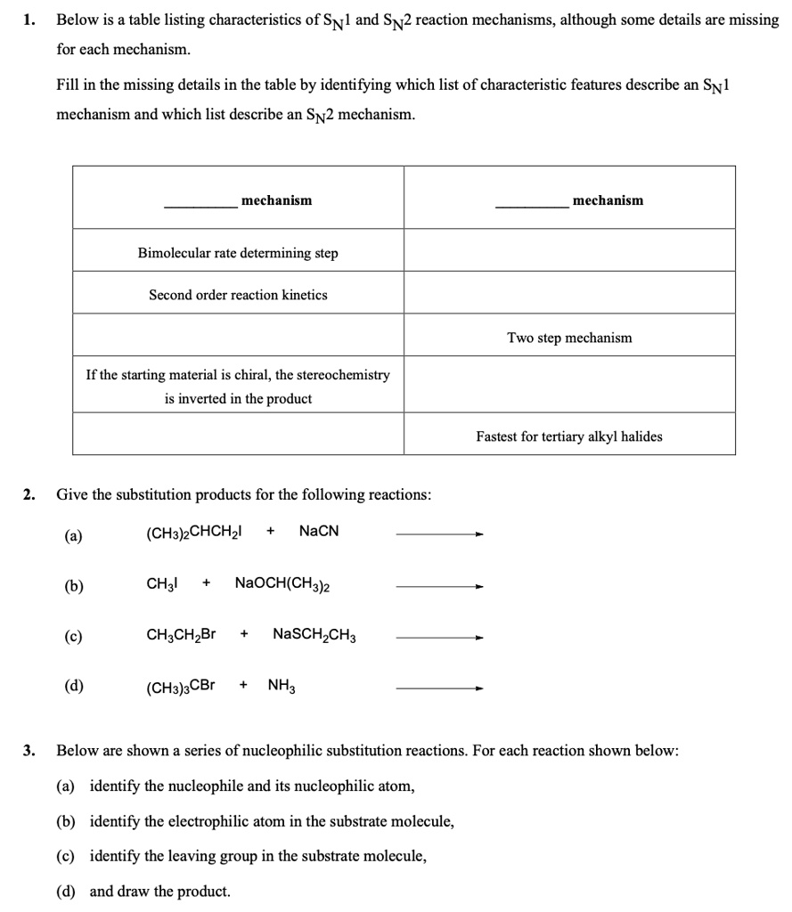 1. Below is a table listing characteristics of SN1 and SN2 reaction ...