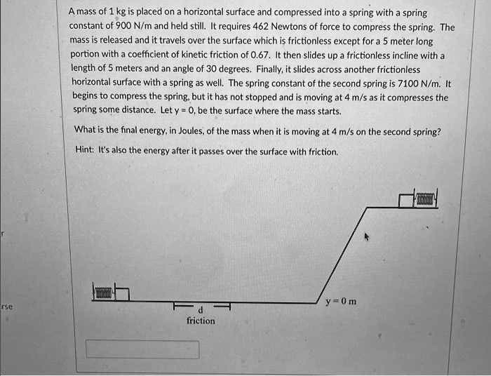 SOLVED: A mass of 1 kg is placed on a horizontal surface and compressed into spring with a ...