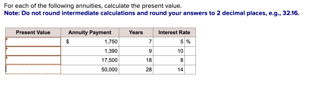 SOLVED: For each of the following annuities,calculate the present value Note: Do not round ...