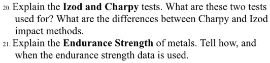20. Explain the Izod and Charpy tests. What are these two tests used ...