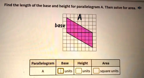 SOLVED: Find the length of the base and height for parallelogram A ...