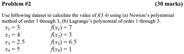 SOLVED: Texts: Problem #2 (30 marks) Use the following dataset to calculate the value of f(3.4 ...
