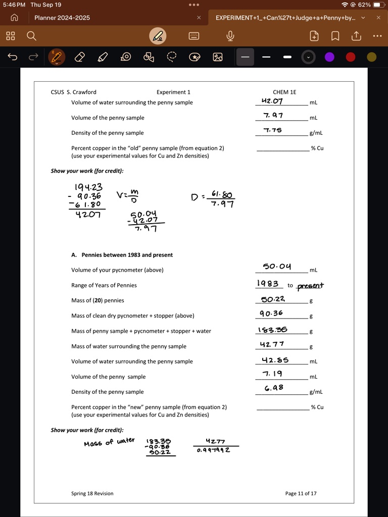 CSUS S. Crawford Experiment 1 CHEM 1E Volume of water surrounding the ...