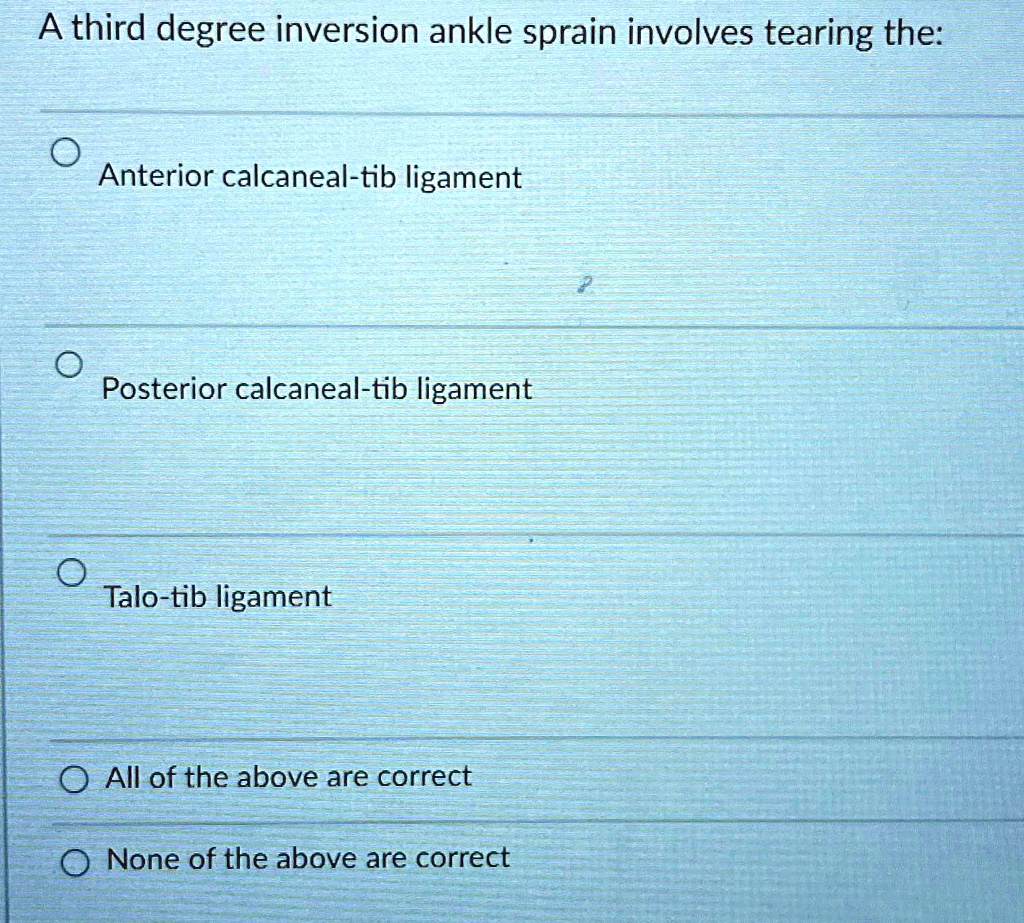 A third degree inversion ankle sprain involves tearing the: Anterior ...