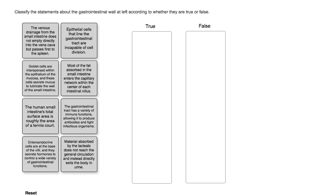 classify the statements about the gastrointestinal wall at left ...
