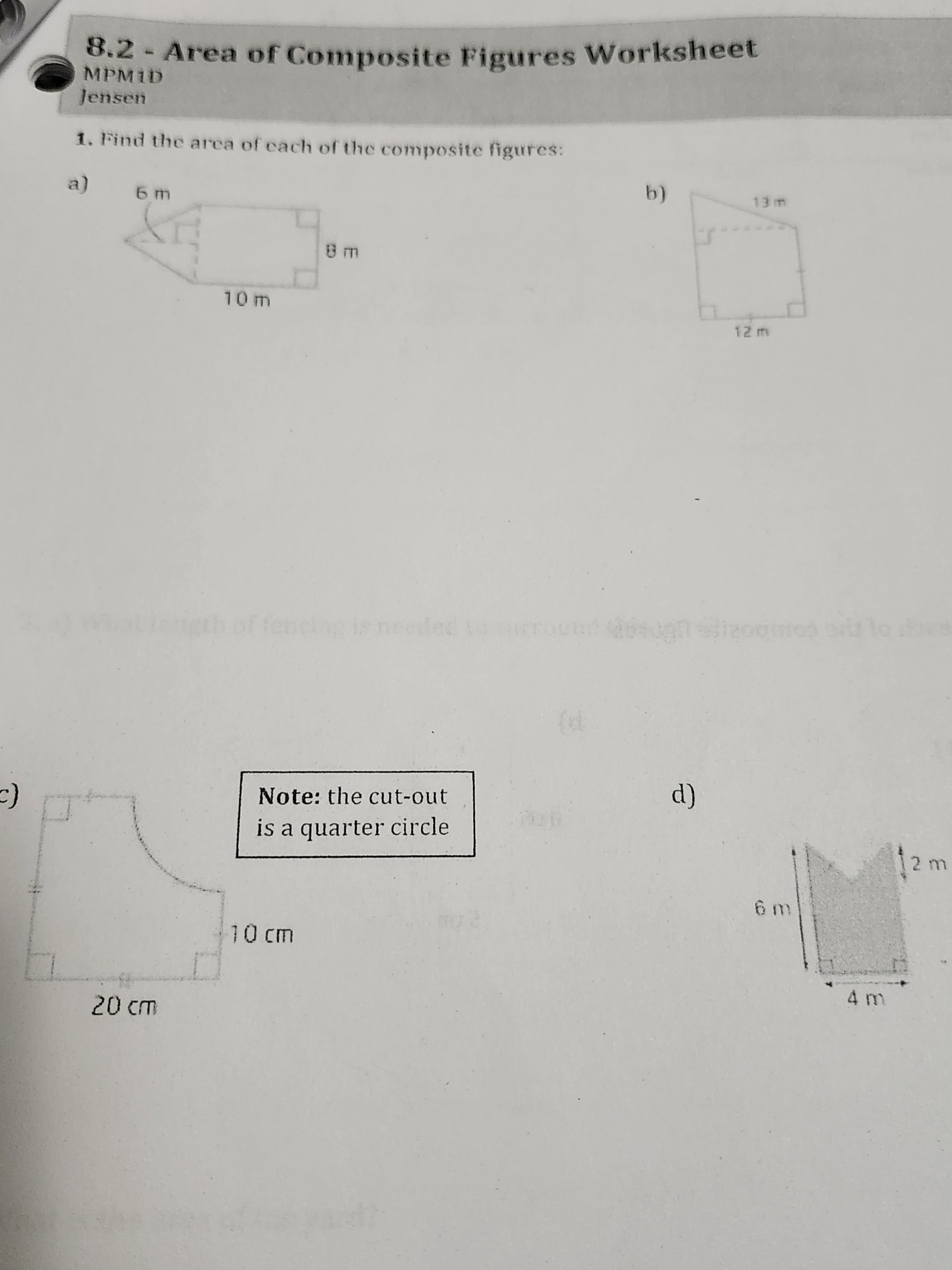 8.2 - Area of Composite Figures Worksheet MPMID Jensen 1. Find the area ...