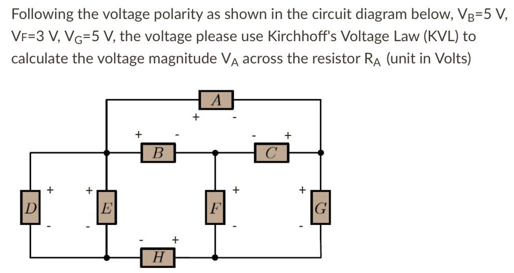 Following the voltage polarity as shown in the circuit diagram below, VB=5 V, VF=3 V, VG=5 V ...