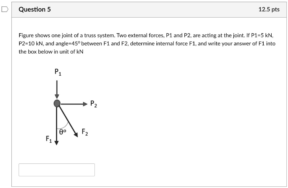 Question 5 12.5 pts Figure shows one joint of a truss system. Two external forces, P1 and P2 ...