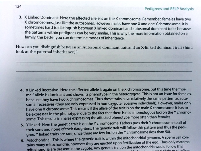 SOLVED: 124 Pedigrees and RFLP Analysis X Linked Dominant- Here the affected allele is on the X ...