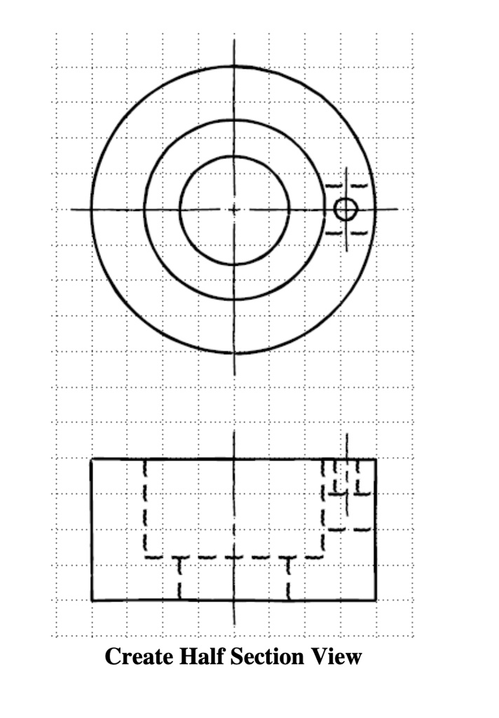 Create a half section view on the top view and replace the front view with the half section view