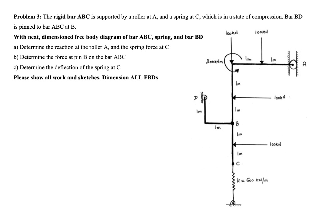 SOLVED: Problem 3: The rigid bar ABC is supported by a roller at A, and a spring at C, which is ...