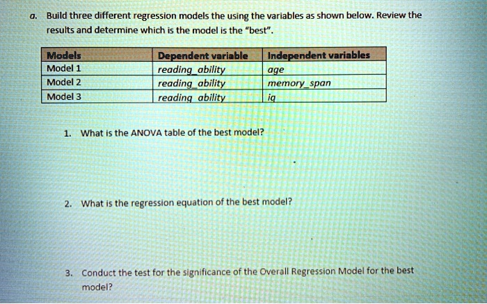 build three different regression models the using the variables as ...